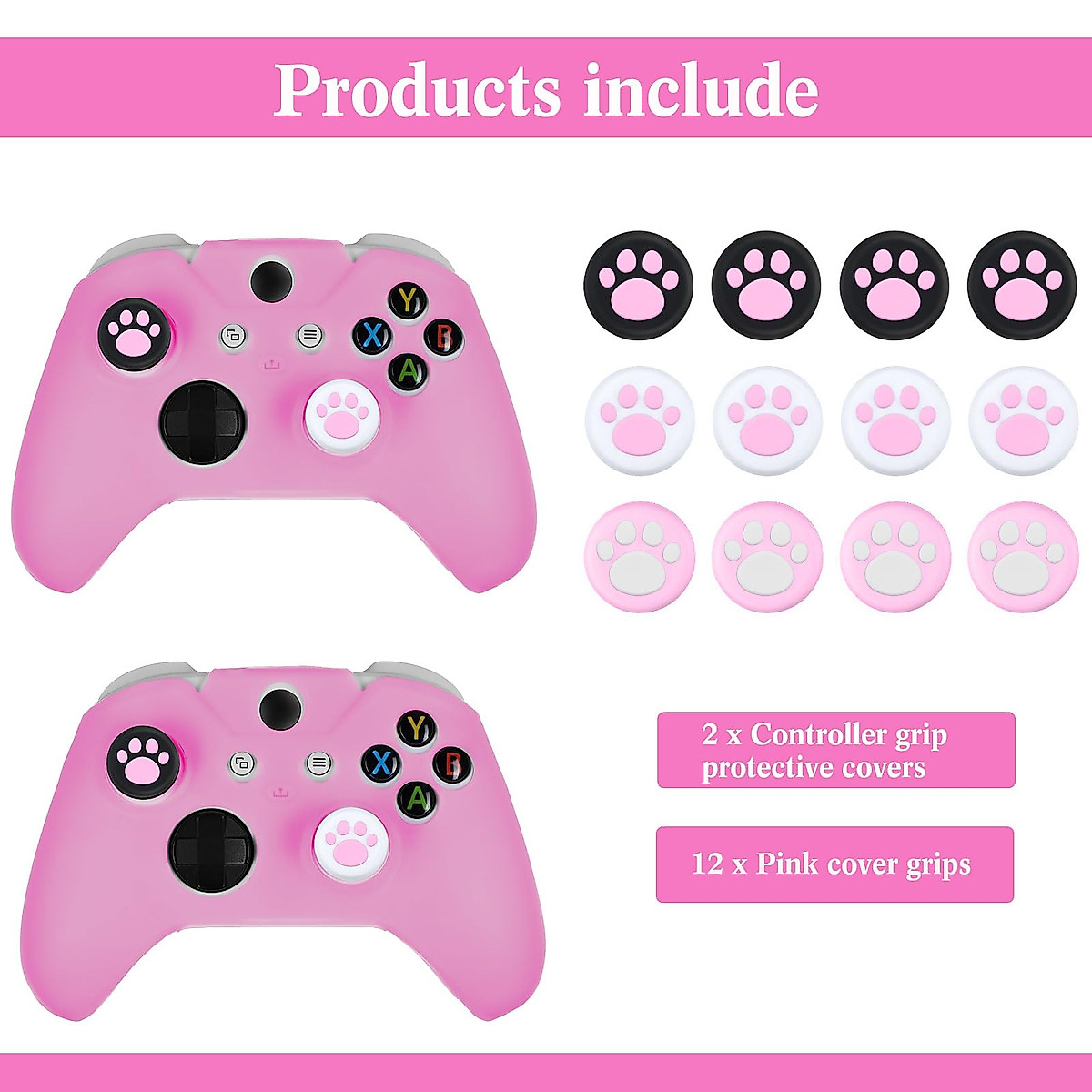 Chalyna 14 Pcs Controller Skins Anti-Slip Accessories Set Silicone Cover Protector Case Compatible with Xbox One/S/X Controller Wireless/Wired Gamepad Joystick with 12 Cat Paw Thumb Grips (Pink)