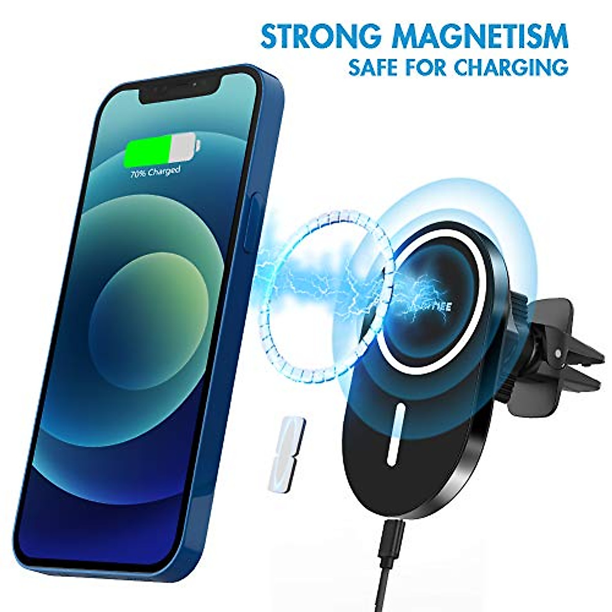 WAITIEE Magnetic Wireless Car Charger Compatible with iPhone 14/13/12 Series Caseless and Magnetic Cases with QC3.0 Adapter, Fast Wireless Car Mount with Secure Air Vent Clamp, Black