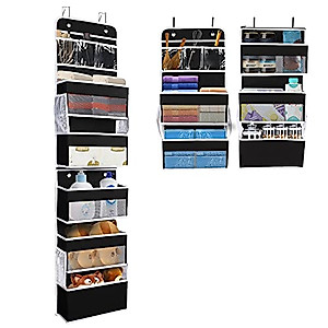 BrilliantJo 2 Packs 6-Shelf Over The Door Organizer, Flexible 1 Split into 2(4 Packs 3 Shelf) Hanging Storage Wall Mount with 4 Side Pockets, Swing-Proof Behind Door for Bathroom Closet, Black