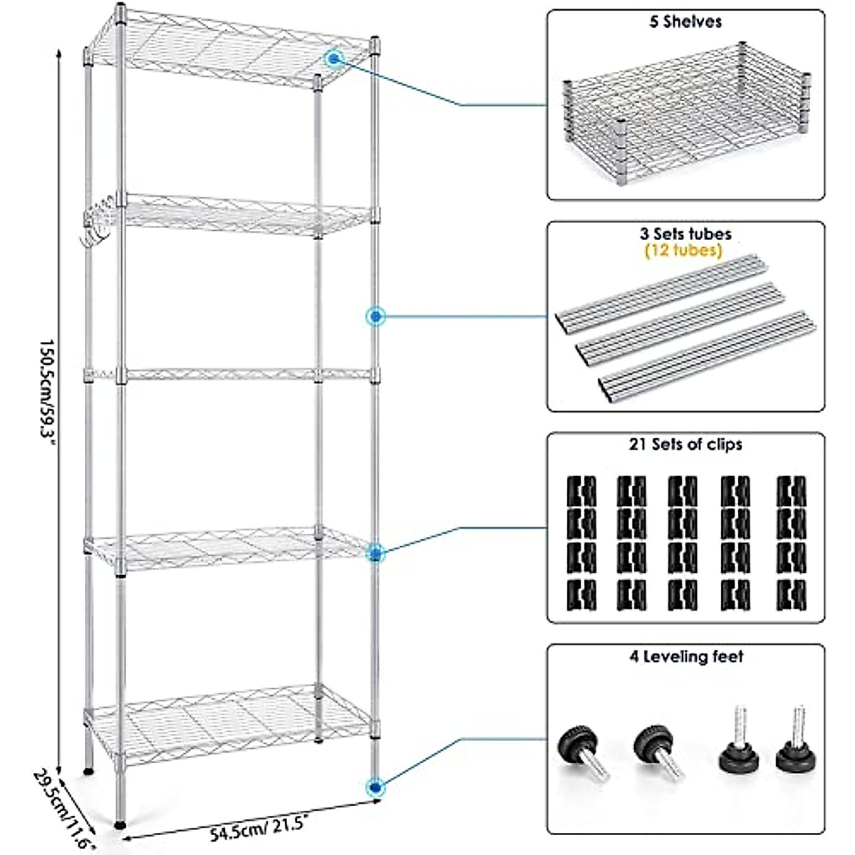 5-Shelf Shelving Units and Storage Heavy Duty, Wire Adjustable Shelf Utility Commercial Steel Organizer, Metal Shelves Wire Rack with 4 Hooks for Kitchen Bathroom Office and Garage, Set of 2 (Silver)