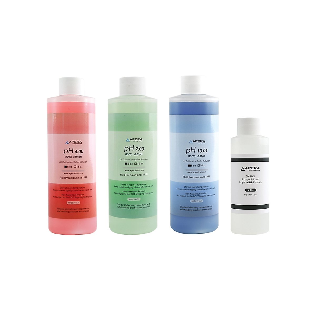 Apera Instruments, LLC-AI1109 8oz. pH Calibration Buffer Solution Kit (pH 4.00, 7.00 & 10.01), plus 4oz 3M KCL Storage Solution for pH/ORP Electrodes