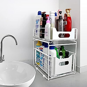 R RUIMEI 2 Set, 2-Tier Under Sink Organizer, Multipurpose Slide-Out Storage Container with Handle, Kitchen Organization and Storage, Bathroom Organization, Pantry Organization, White