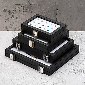 Giftop Jewelry Display Case Tempered Glass Top Lid Black Leatherette,Gemstone Display Case Jewelry Storage Box with Metal Clasp (Large)