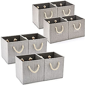 EZOWare Set of 8 Foldable Fabric Storage Cube Bins with Cotton Rope Handle, Collapsible Resistant Basket Box Organizer for Shelves Closet Toys and More – Gray