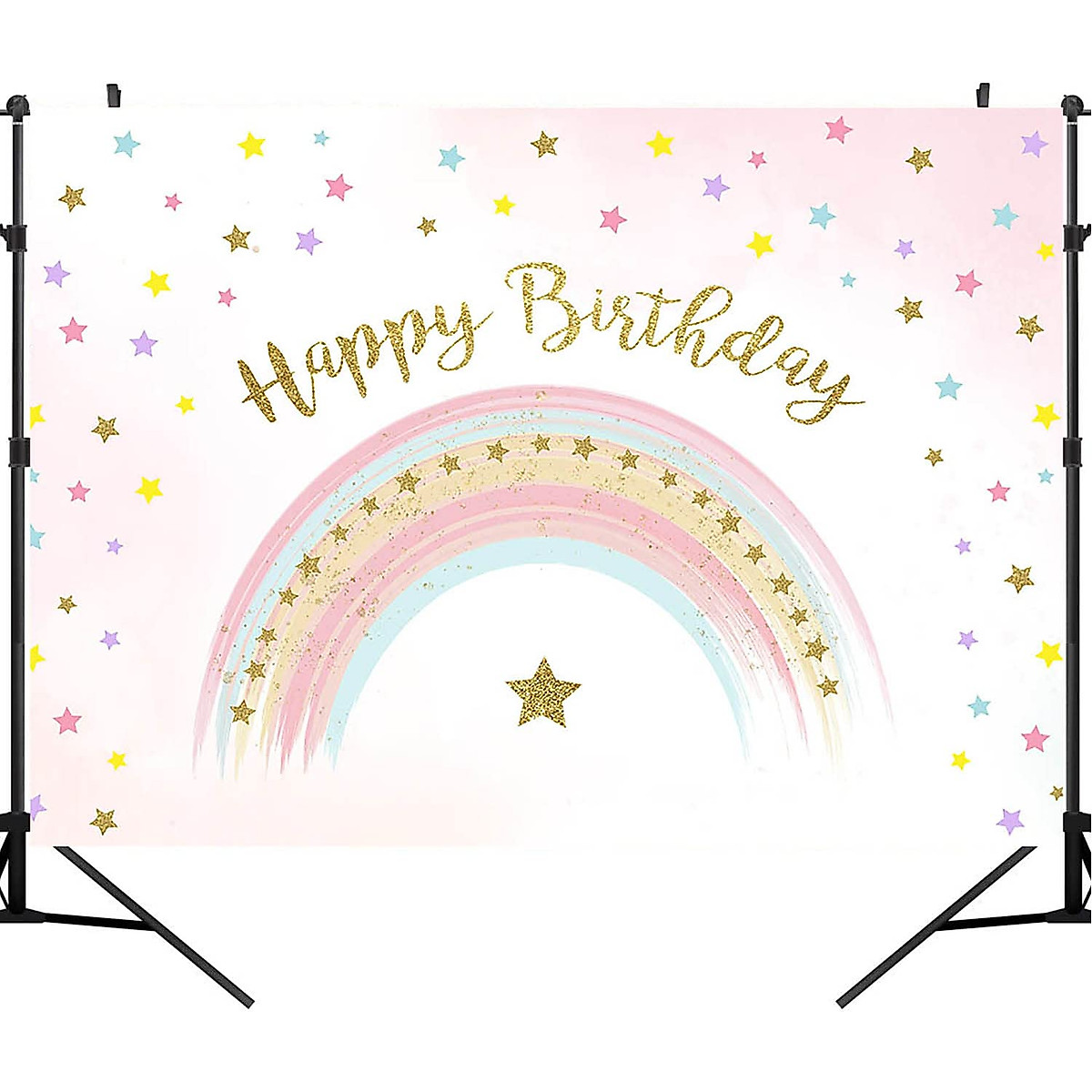 MAYSSKQ Rainbow Birthday Backdrop Colorful Pastel Rainbow Party Background Rainbow of Fun Gold Stars Sprinkle Girl Birthday Backdrops Decorations (7x5ft)