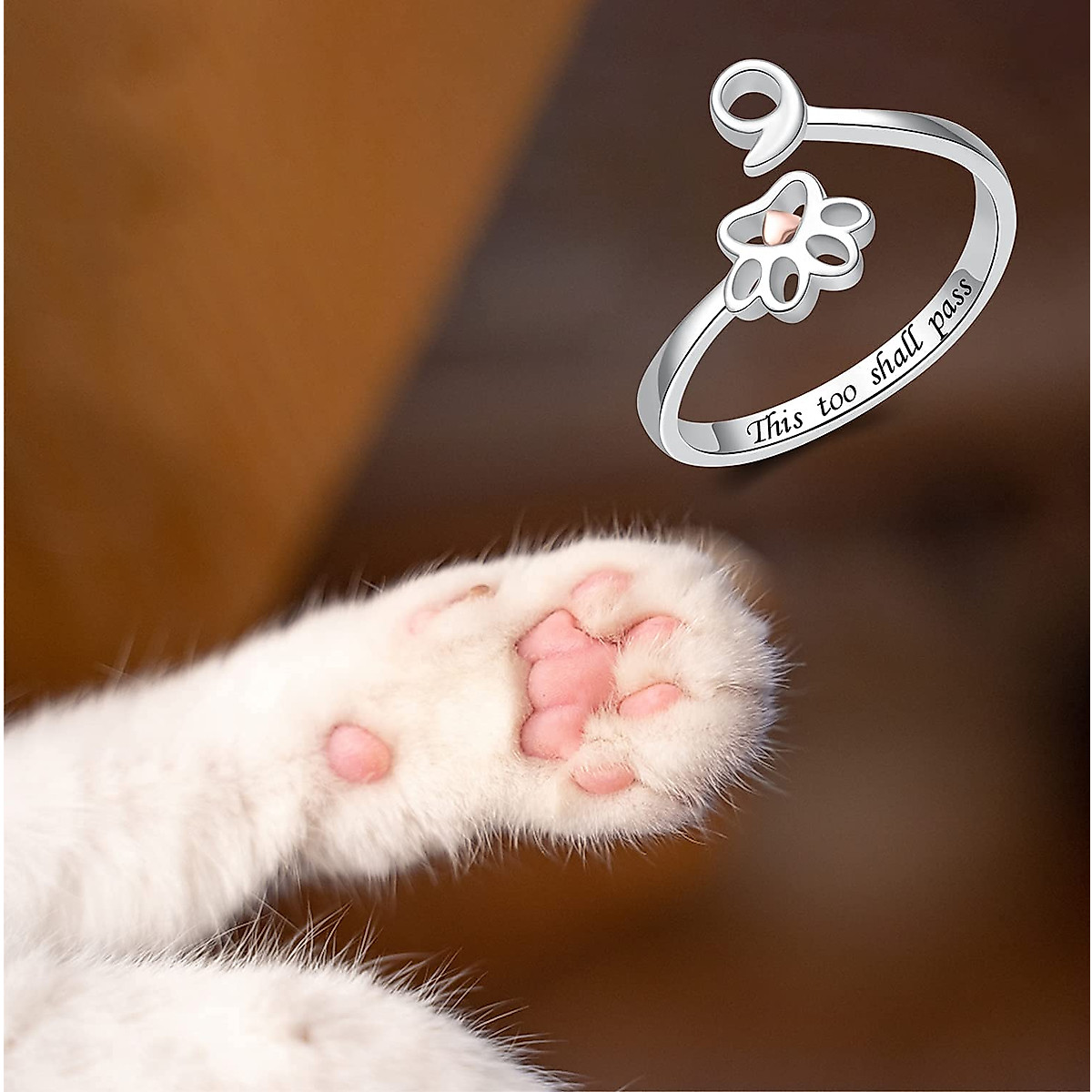 Hioed Puppy Dog Cat Paw Ring Semicolon 925 Sterling Silver Pet Rings This Too Shall Pass Animal Ring Adjustable Rings Inspirational Jewelry Gift for Women