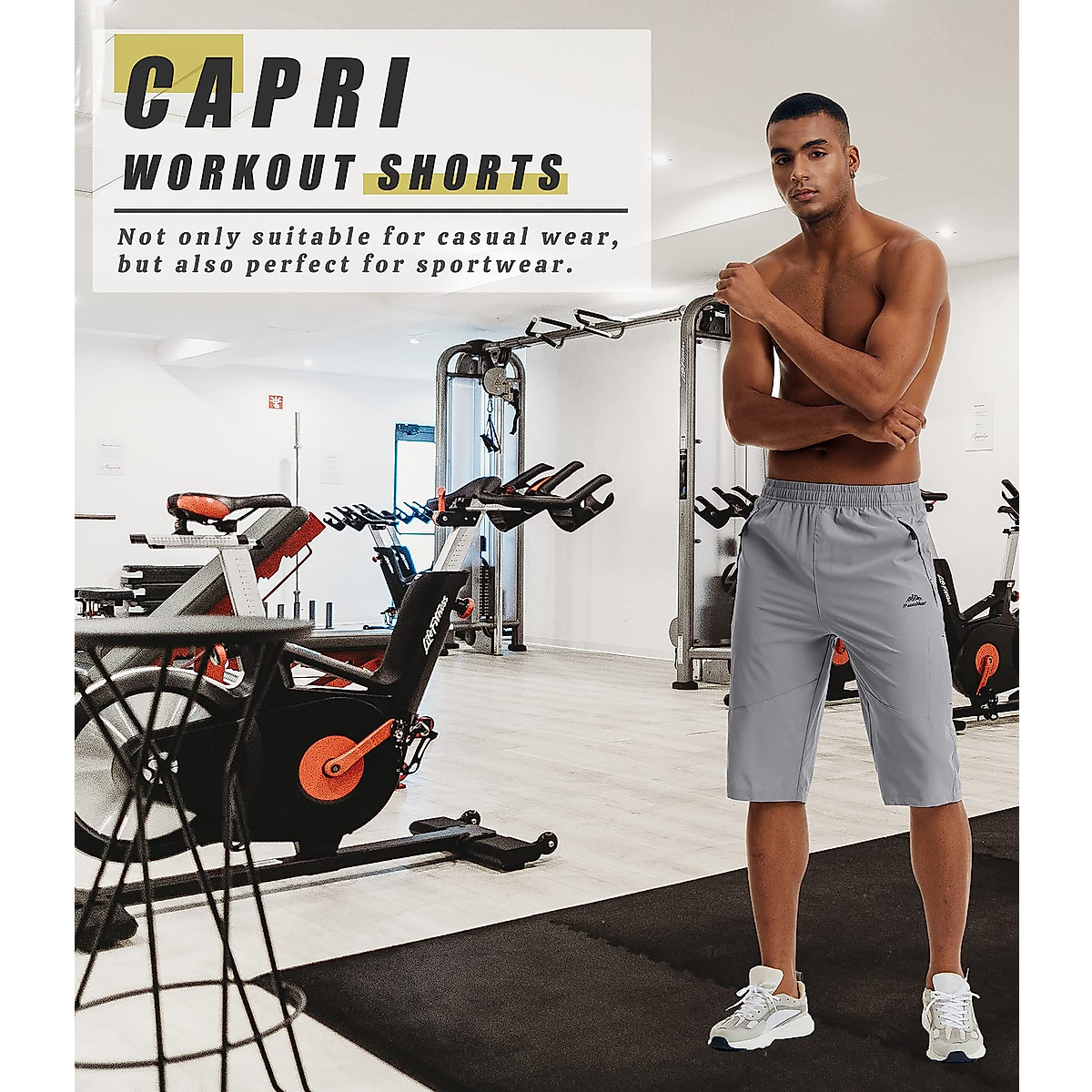 MAGCOMSEN Men's 3/4 Capri Workout Shorts Outdoor Quick Dry Knee Length Gym Drawstring Training Workout Beach Shorts Light Grey, 38