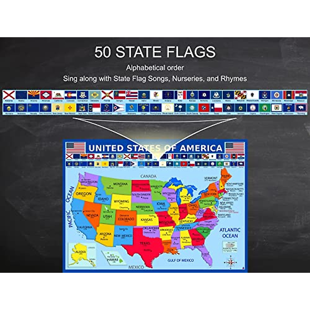 United States Map with State Flags Poster - Laminated 14x19.5 in. - Educational Poster, USA Map for Kids, Elementary Classroom Decorations, and Teacher Supplies