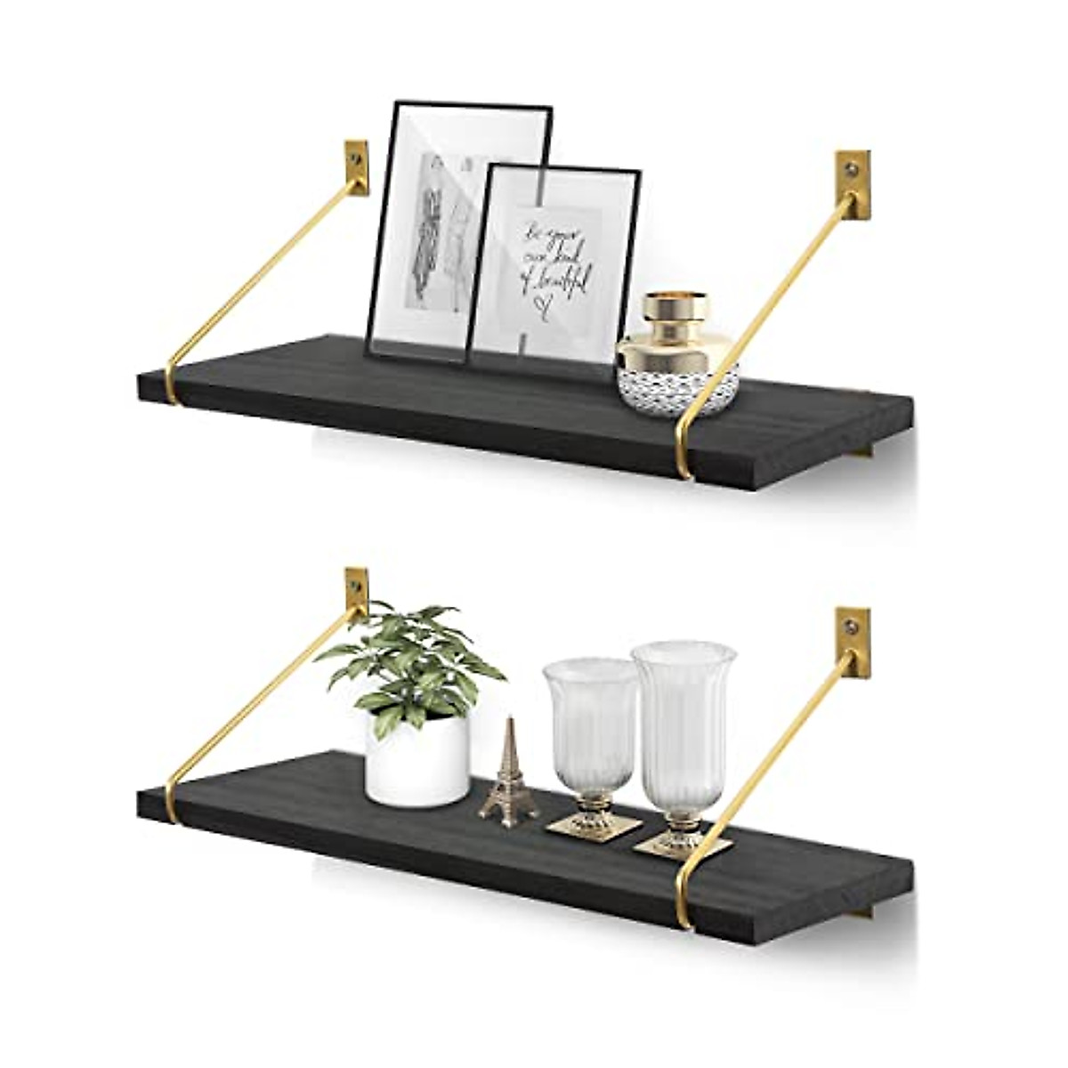 Gronda Black Floating Shelves Set of 2, Black Gold Wall Shelves Minimalist Modern Wall Decor Wooden Bookshelves Trophy Display Storage Plants Floating Shelves Wall Mount Living Room Bedroom Bathroom