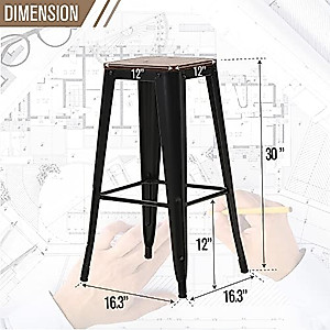 Sophia & William 30" Metal Bar Stools Set of 4 Counter Height Backless Stools with Wooden Seat,Indoor/Outdoor Barstools,Matte Black