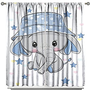 Denruny Cartoon Cute Elephant Curtain Nursery Baby Elephant with Blue Hat Windows Drapes for Nursery Room Kids Room Gifts for Boys and Girls Rod Pocket 2 Panels 63L x 21W