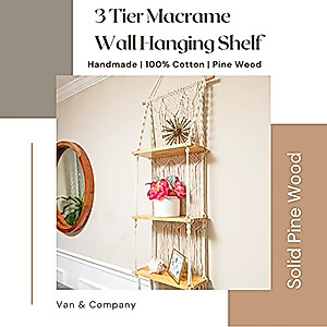Van & Company 3 Tier Handmade Macrame Wall Hanging Shelf Includes 3 1.5cm Polished Wooden Shelves, Decorative Hand Made Roped Boho Shelving for Plants etc