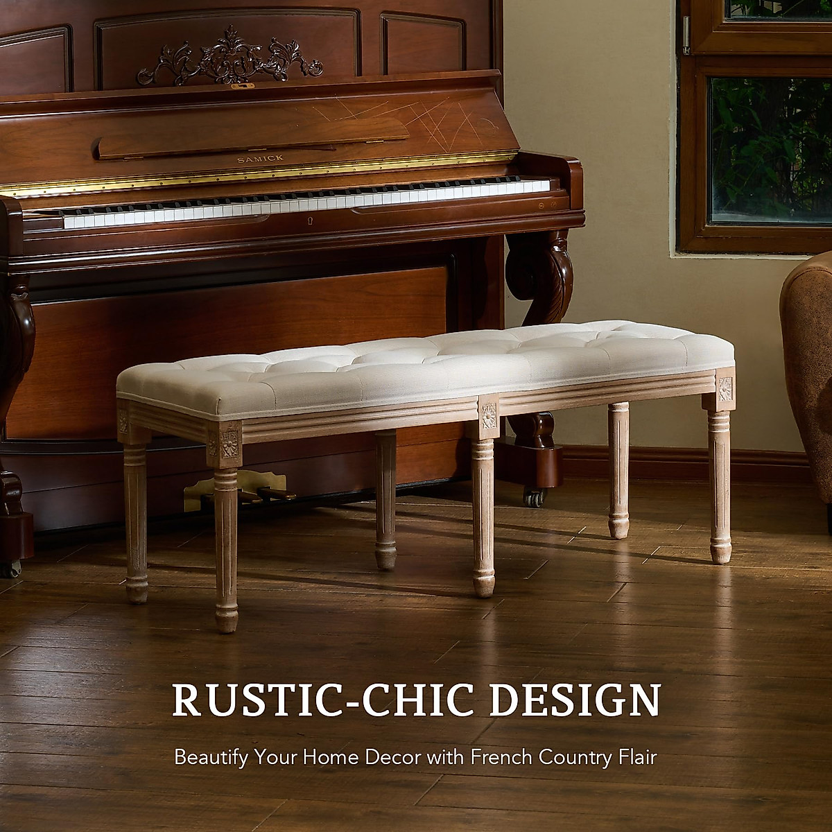 Vonluce Extra-Long Upholstered Bench, Beige, Rubberwood Frame, 48 x 16.7 in