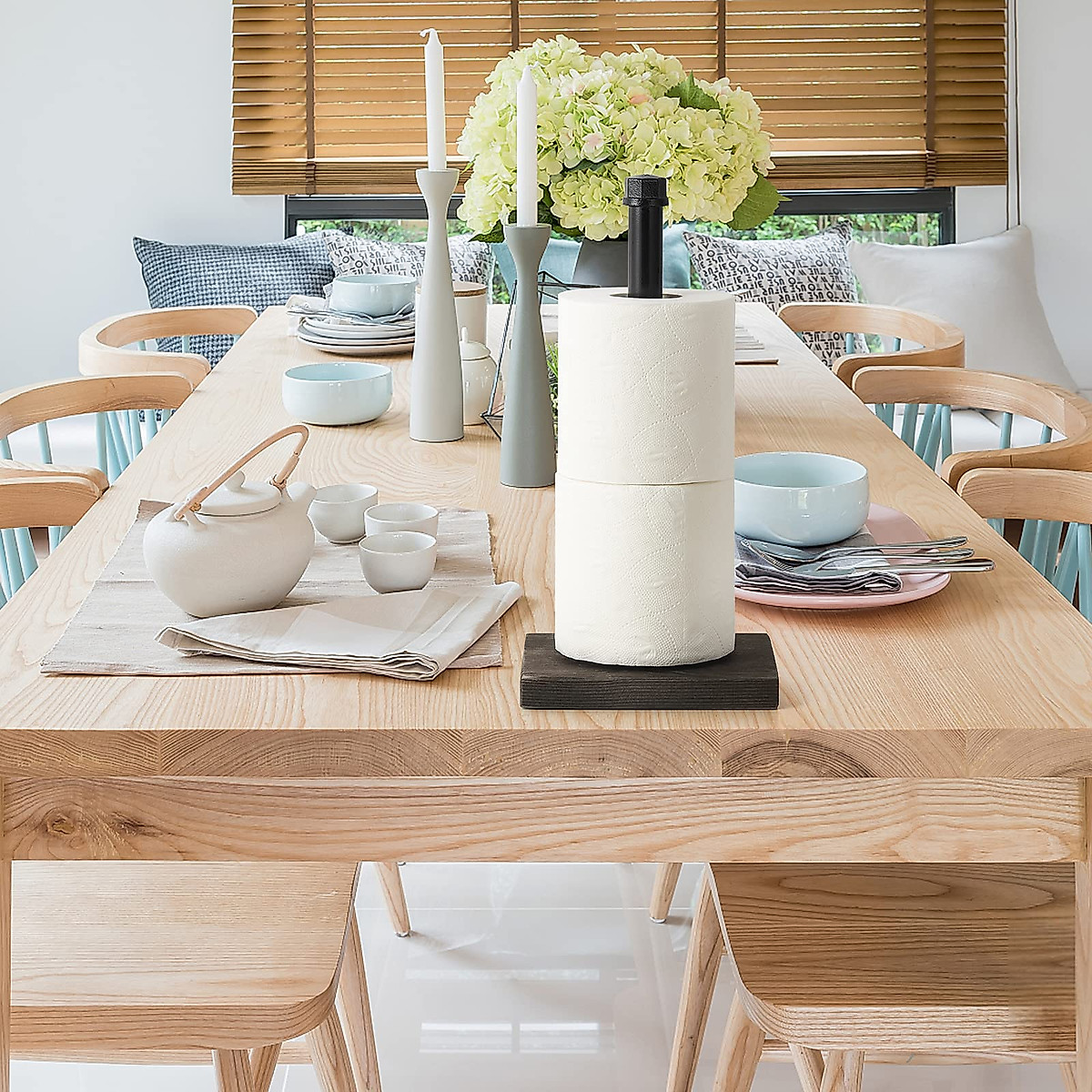 LIANTRAL Paper Towel Holder Stand, Free-Standing Farmhouse Kitchen Countertop Paper Towel Roll Dispenser with Wood Base (Rustic Brown)