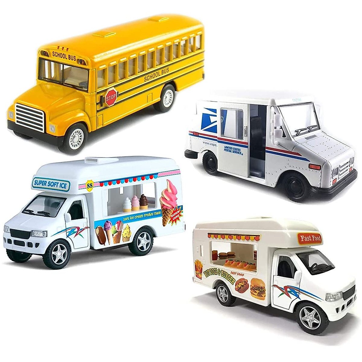 Funstuff Diecast Toy Trucks Set of 4 | Ice Cream Truck, School Bus, Mail Truck, Food Truck | Pullback Truck Toys for Boys and Girls and Detailed Interior
