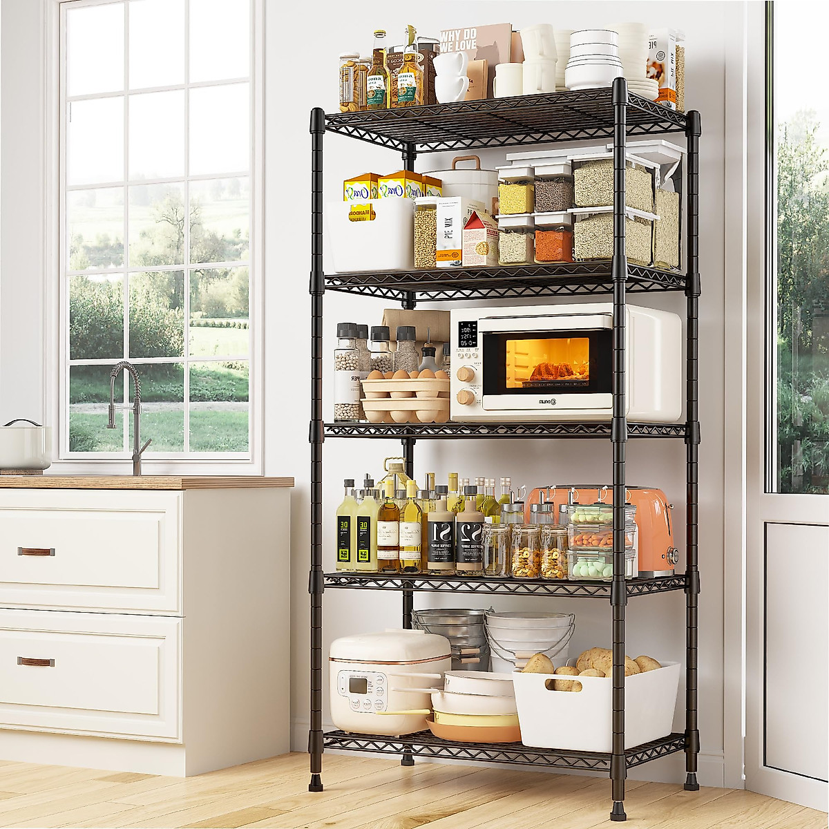 REIBII 1000LBS Wire Shelving Unit, 5 Tier Adjustable Metal Storage Shelves for Kitchen Pantry Office Steel Organizer Wire Rack for Narrow Space College Dorm School, 13.4" D x 23.2" W x 60" H, Black