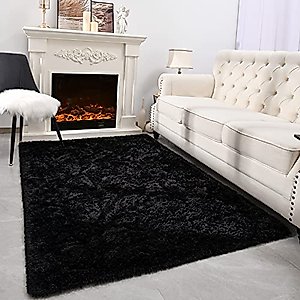 Espiraio Black Shaggy Rugs for Bedroom Living Room, Super Soft Fluffy Fuzzy Area Rug for Kids Baby Nursery, Modern Indoor Plush Carpet for Home Decor, 4x5.9 Feet Floor Furry Rugs for Children Dorm Rug