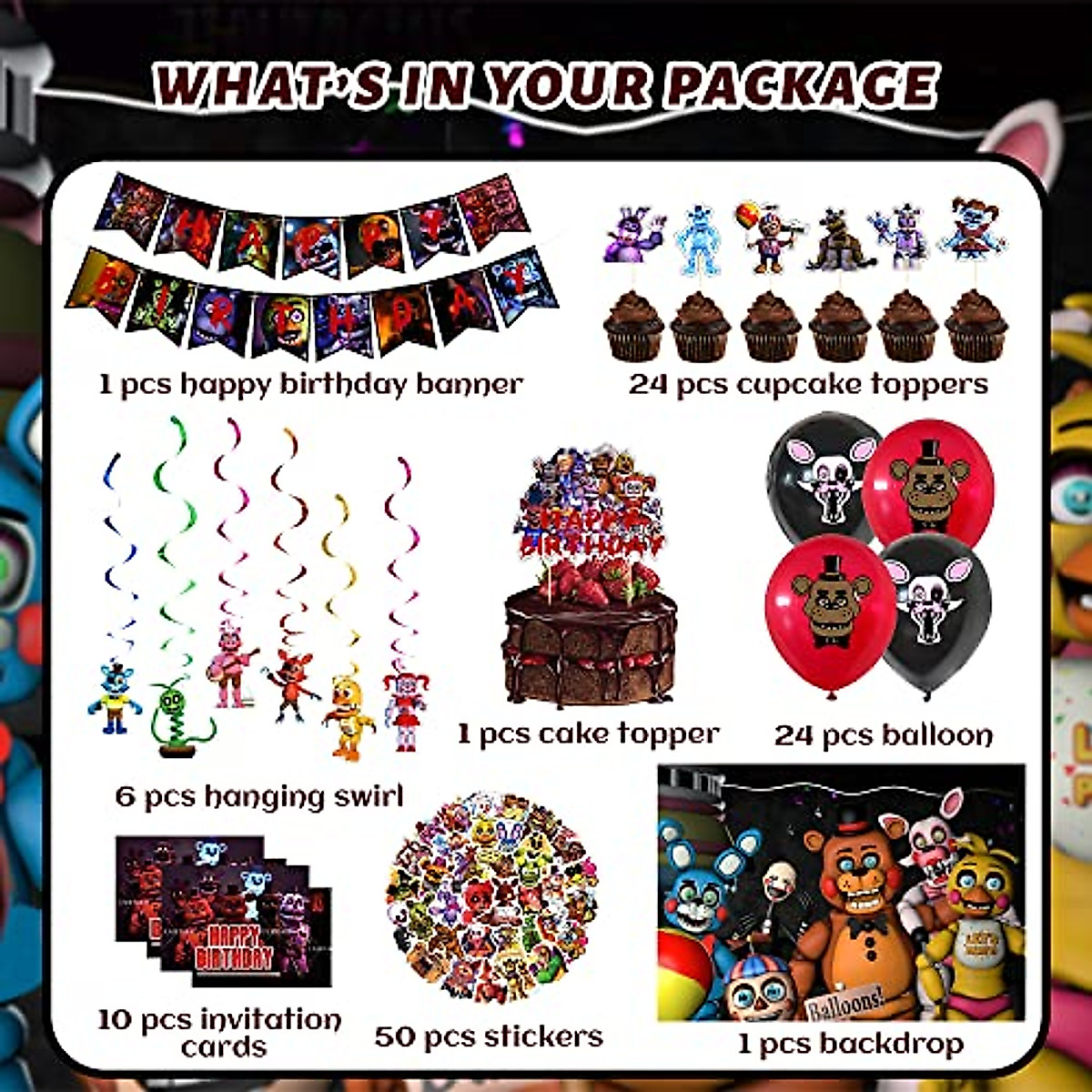 Kikuke fnaf Birthday Party Supplies, 117 Pcs Halloween Party Decorations Includes Backdrop, Cake Topper, Invitation Cards, Happy Birthday Banner, Balloons, Stickers