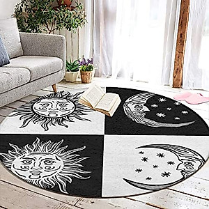 Comfortable Bedroom Living Room Decoration Sun and Moon Black and White Round Area Rugs Soft Flannel Mat Carpet, Fashion and Funny Play Mat with Non-Slip Bottom Protection, 24 Inches