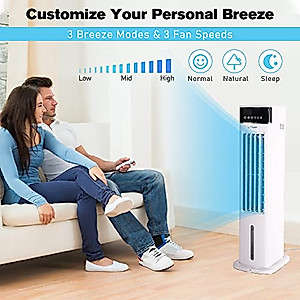 E-Macht Evaporative Air Cooler with Fan & Humidifier, 3-in-1 Portable Air Conditioners, 3 Speeds & 3 Modes, 80° Oscillation Swamp Cooler for Bedroom with Remote Control, 3L Water Tank, 2 Ice Packs