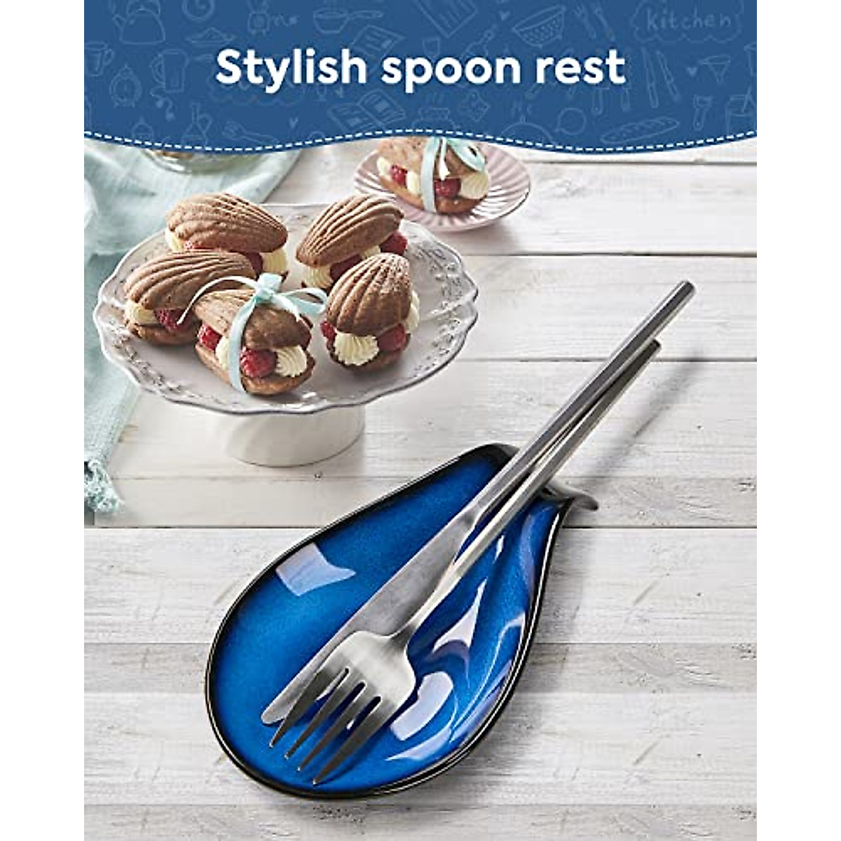 Uniidea Ceramic Spoon Rest, Spoon Rest for Kitchen Counter, Spoon Holder for Stove Top, Coffee Cooking Farmhouse 4inch, Blue