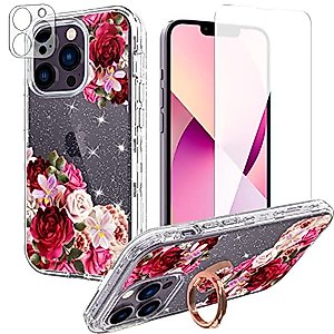 ACKETBOX for iPhone 14 Pro Max Case with Screen Protector + Camera Lens Protector and Ring Bracket，PC Back Case + Front Cover and TPU Phone Case Cover for iPhone 14 Pro Max (Flowers)