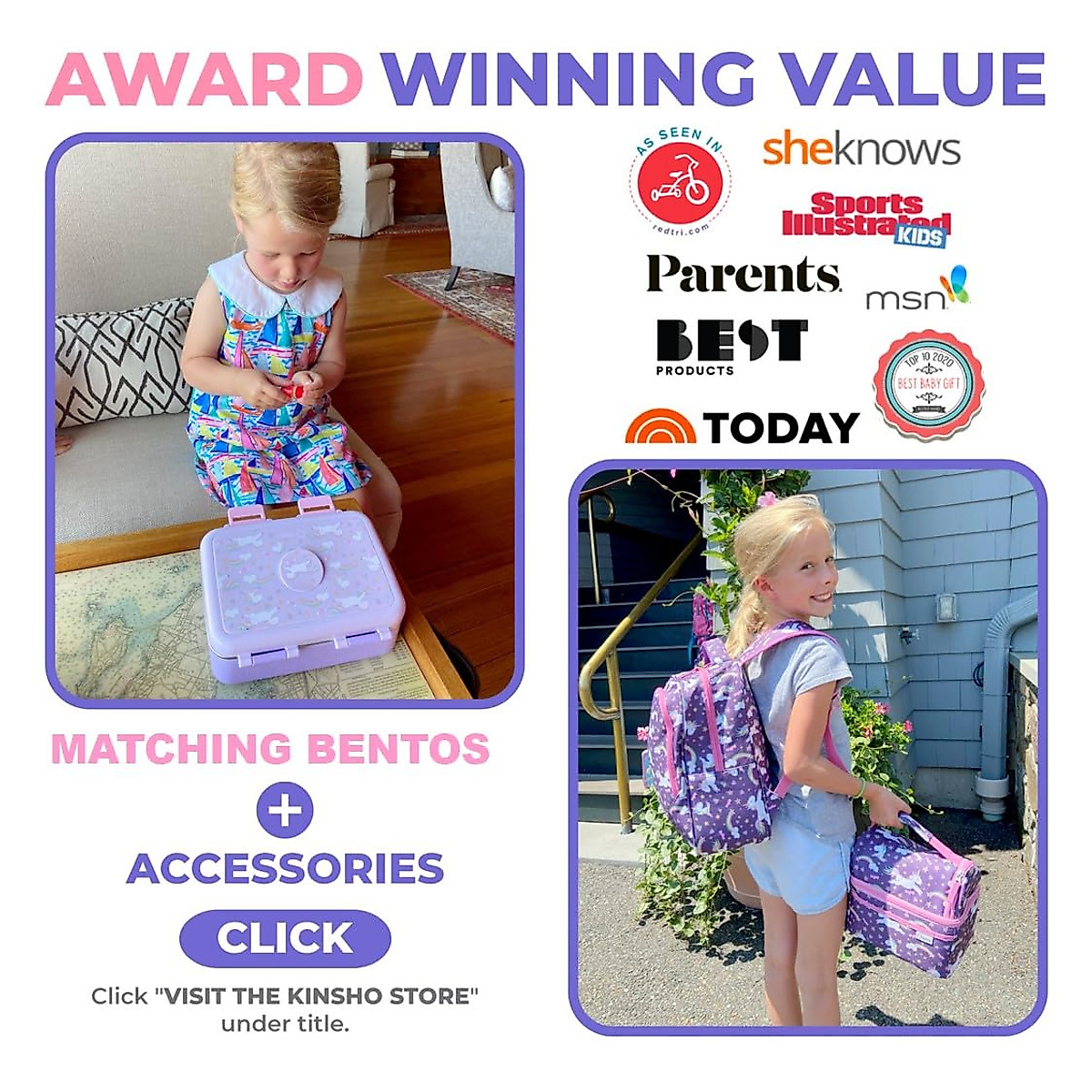 kinsho Unicorn Toddler Lunch Box for Girls Kids, Insulated Bag for Baby Girl Daycare Pre-School Kindergarten, Container Boxes for Small Kid Snacks Lunches, 2 Compartments, Unicornio Purple