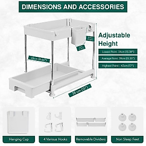 MrSmartSpace Under Sink Organizers and Storage, Adjustable Height 2 Tier Sliding Bathroom Basket, Under Cabinet Storage Shelf, Kitchen Storage Rack with Hooks, Hanging Cup, Dividers, White