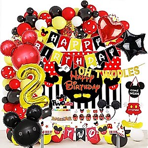 Dilyreke Red 2nd Birthday Mouse Themed Party Decorations for Boy Oh Twodles Birthday Party Supplies Banner and Balloon Set
