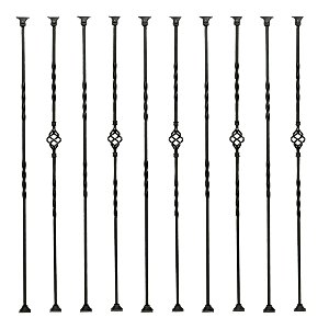 1/2 inch Wrought Iron Balusters 1/2" x 44" Hollow Single Basket Black Iron Spindles Double Twist Square Metal Balusters Stair Satin Black Railing with Adjustable Iron Baluster Swivel Shoes Set of 10