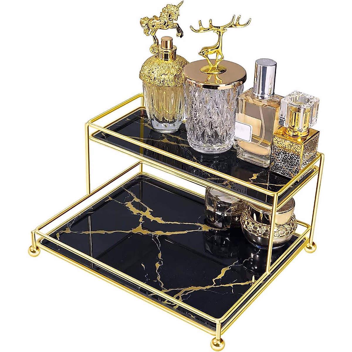 Z PLINRISE Makeup Organizer, 2-Tier Glass Vanity Tray for Perfume, Makeup and Toiletries, Wire Bathroom Cosmetic Shelf for Dresser, Countertop and More