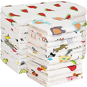 Kenning 20 Pack Muslin Baby Burp Cloths Large 20 x 10 Inches and 10 x 10 Inch Cotton Baby Burp Rags Cute Baby Towel and Washcloths Face Towels 6 Layers Absorbent for Baby Infant Shower, 20 Styles