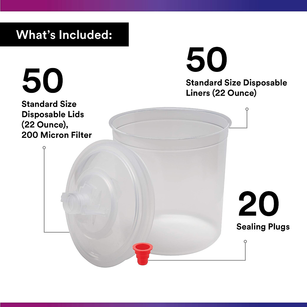 3M PPS (Original Series) Paint Spray Gun Cup Lids and Liners Kit, 16000, Standard, 22 oz, 200-micron Filter, Use w/ Paint Gun for Cars, Furniture, Home, 50 Disposable Lids and Liners, 20 Sealing Plugs, Factory