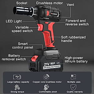 AOBEN 21V Cordless Impact Wrench Powerful Brushless Motor with 1/2" Square Driver, Max 300 Torque ft-lbs (400N.m),2X 4.0A Li-ion, 6Pcs Impact Sockets,Fast Charger and Tool Bag