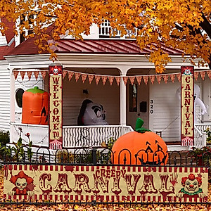 Halloween Decoration Evil Circus Clown Carnival Porch Banner,WELLCOME TO CARNIVALC Clown Sign Hangging Bloody Splatter Carnival Decor Triangle Bunting Flag for Halloween Decoration Carnival Birthday