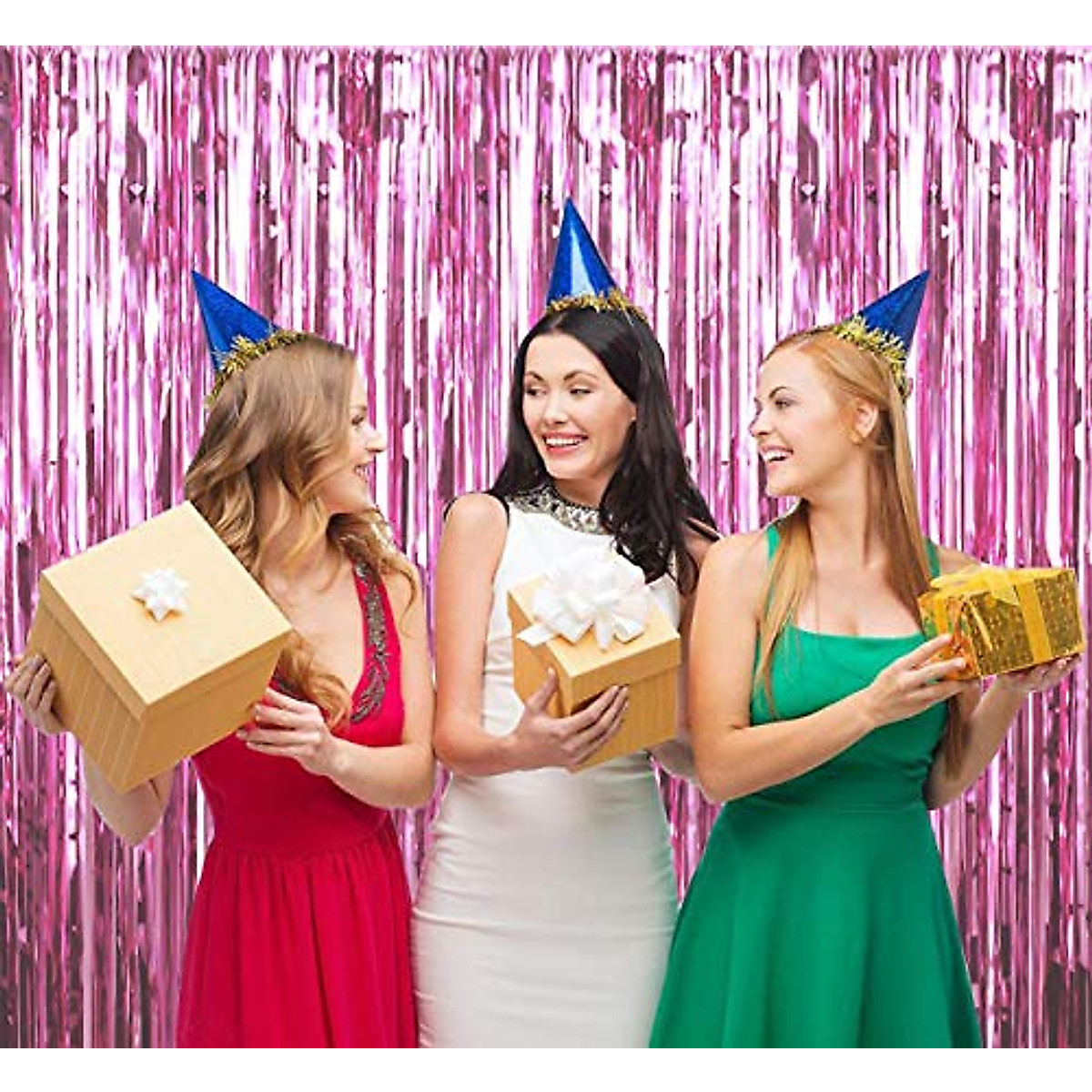 3 Packs 3.2ft x 6.6ft Light Pink Metallic Tinsel Foil Fringe Curtains Photo Booth Props for Birthday Wedding Engagement Bridal Shower Baby Shower Bachelorette Holiday Celebration Party Decorations