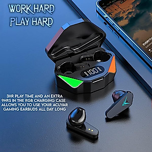Acuvar Fully Wireless Bluetooth 5.2 Rechargeable Waterproof Sweatproof Gaming Earbud Headphones with Microphone, RGB LED 12h USB C Power Charging Case Low Latency Surround Stereo Bass Noise Cancelling