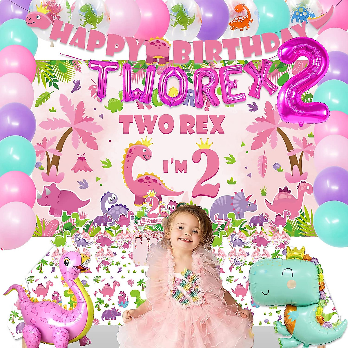 KOTLMIGHT Dinosaur Birthday Party Supplies for 2 Year Old Girl, Two Rex Pink Dinosaur Dino Party Decorations for Girls Baby - Backdrop, Banner, Toppers, Cupcakes Wrappers, Balloons and Tablecloth