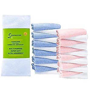 SUMMERMIA Bamboo Washcloths 13" x 13" (2 x 12 Pack) - Soft Wash Cloths for Your Face Towel, Wash Cloths for Your Body (White + Blue + Pink)