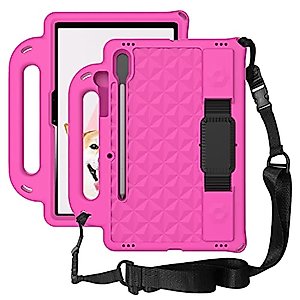 Shockproof Case for 11-inch Samsung Galaxy Tab S9/S8/S7, Galaxy Tab S9 FE 2023 Case, Techcircle EVA Foam Handle Stand Protective Case with Shoulder Strap & Elastic Hand Strap Rugged Kids Cover, Rose