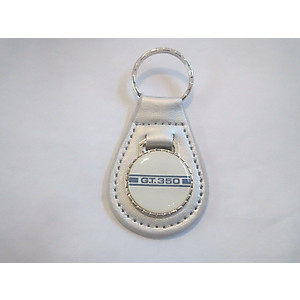 1965 1966 1967 1968 1969 1970 SHELBY GT-350 BLUE STRIPE ON WHITE LEATHER KEYCHAIN - SILVER