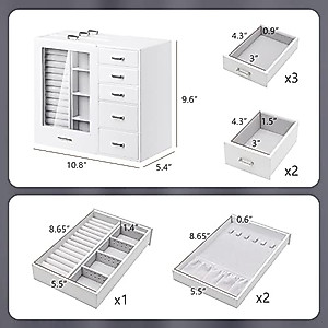 Homde Large Jewelry Box/Organizer/Case with Glass Window, Drawers for Necklaces Earrings Rings Bracelets Watches Gift for Women Girls (White+Grey)