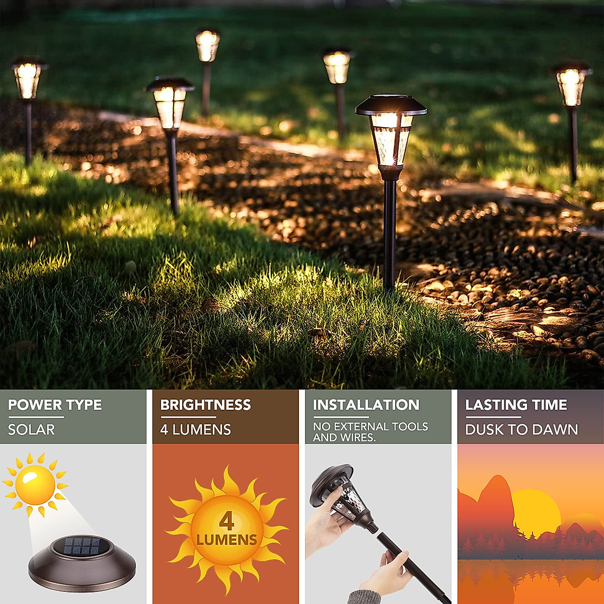 GIGALUMI 6 Pack Super Bright Solar Lights Outdoor Waterproof, High Lumen Solar Garden Lights, Metal Solar Pathway Lights Outdoor, Solar Sidewalk Lights for Yard, Patio, Landscape, Walkway