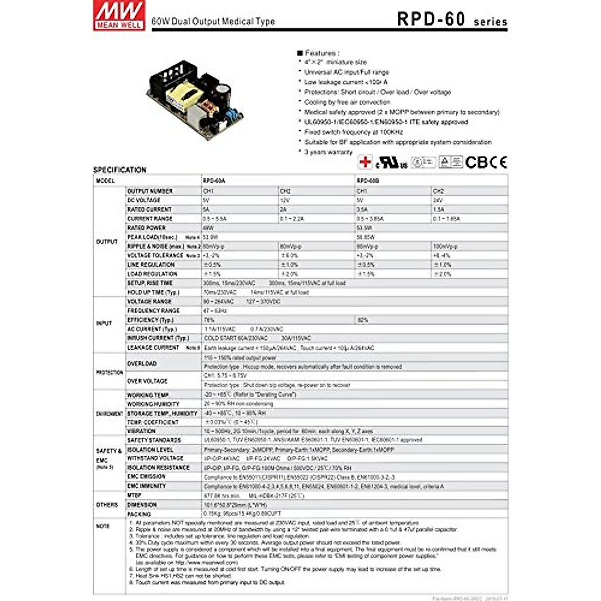Medical 49W RPD-60A Meanwell AC-DC Dual Output RPD-60 Series MEAN WELL Switching Power Supply