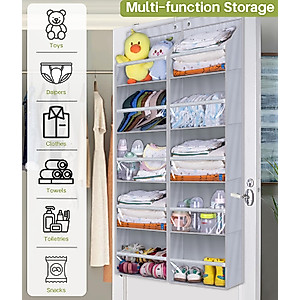 AOODA 2 Pack Over the Door Organizer, Large Capacity Closet Door Hanging Organizer, Clear Deep Pockets Baby Organizer Storage for Nursery, Bathroom, Bedroom, Pantry, Diapers (Grey)