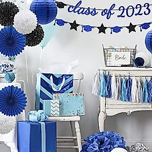 Graduation Party Supplies Glitter Class Of Banner Backdrop Hanging Paper Flowers Pom Poms Decoration Blue