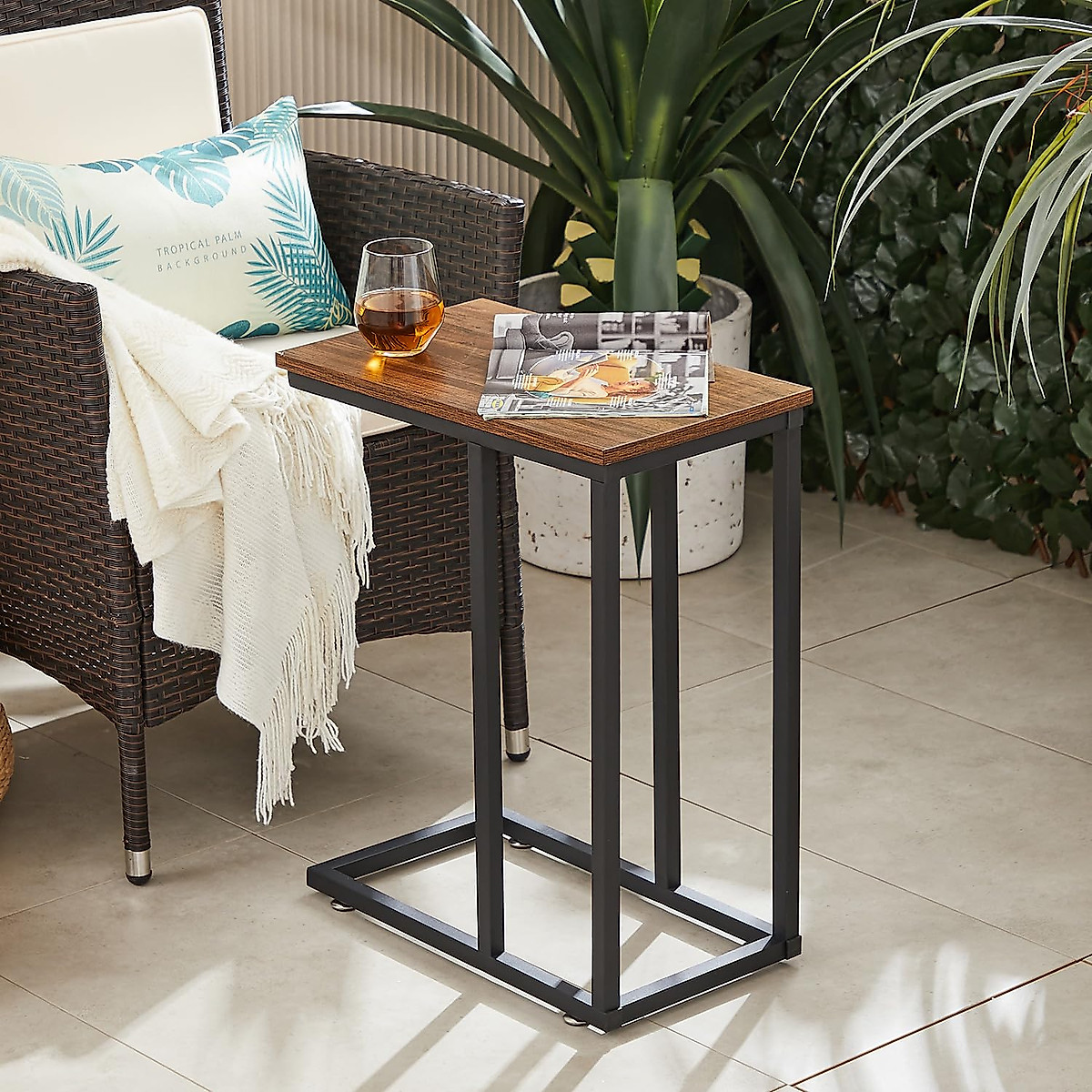 VECELO C Shaped End Side Table for Sofa Couch and Bed Snack TV Tray for Living Room Bedroom, 1 Set,Brown