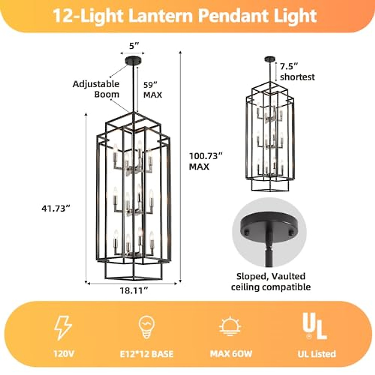 WJShome Silver 12 Lights Pendant Light, Metal Lantern Shape Island Light, Vintage Black Ceiling Light, Industrial Tiered Hanging Light Fixture for Living Room, Kitchen