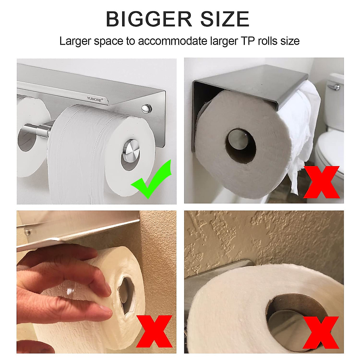 YUMORE Toilet Paper Holder, 304 Stainless Steel Bathroom Double Roll Tissue Holder with Shelf, Wall Mounted Washroom Dual TP Dispenser Storage, Flushable Wipes Dispenser, Brushed Nickel Finish