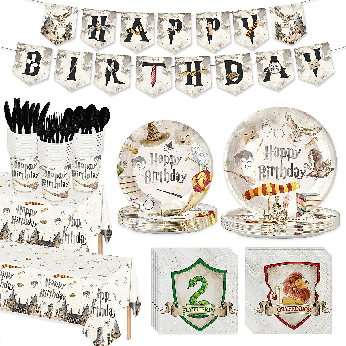 AURORAPARTY 170pcs Birthday Party Supplies Party Paper Plates Napkins Cups Kids Boys Birthday Decorations Birthday Tablecloth Banner Disposable Forks Tableware Set for 24 Guests